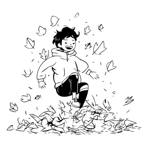Un Niño Feliz Saltando En Las Hojas De Otoño De Un Niño Saltando En Las