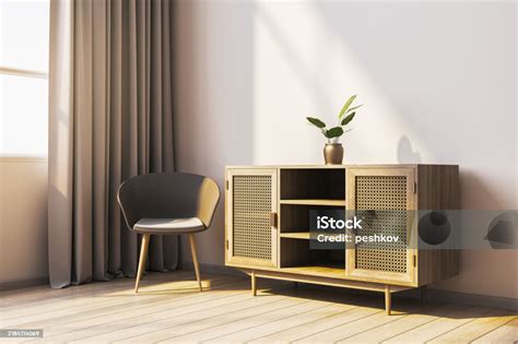 나무 캐비닛과 창문 근처의 현대적인 의자 베이지 커튼 캐비닛에 화분이있는 미니멀리스트 거실 인테리어 3d 렌더링 0명에 대한 스톡 사진 및 기타 이미지 Istock