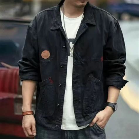 Badu Bg Дънково палто за мъже широки ръкави дънкови якета мъжко карго кафяво реколта голям