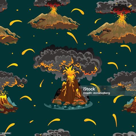 화산 분화 한 자 정도의 변화 또는 위험한 벌 컨 마그마 화산재와 화산 용암 산 벡터 일러스트 레이 션 아래로 흐르는 연기 비행기에서 인사를 깨우기의 집합 가루로 빻은에