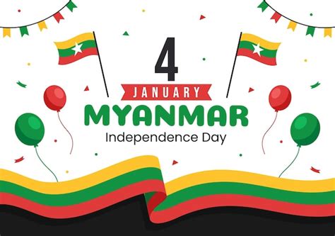 1월 4일 미얀마 독립기념일을 만화 배경 삽화의 깃발로 기념 프리미엄 벡터