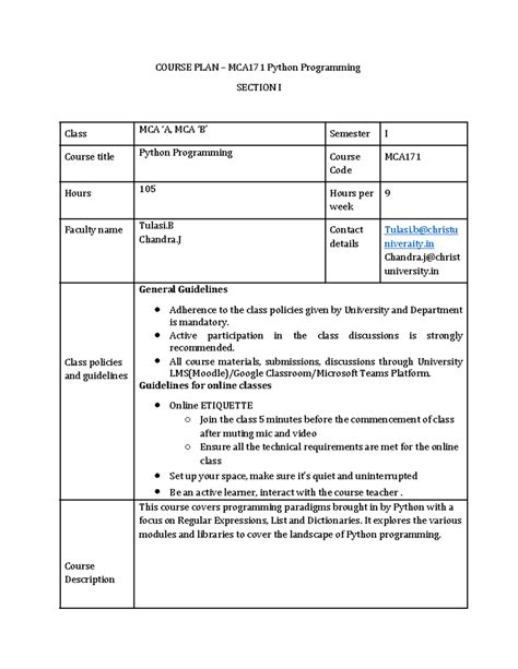 Python Courseplan Course Plan Mca171 Python Programming Section I Class Mca 8a Mca 8b9