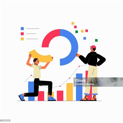 데이터 분석 비즈니스 개발 및 성공을 상징하는 플랫 벡터 일러스트 레이 션에서 데이터와 차트를 들고 두 명의 남성 캐릭터가 흰색 배경에 고립 된 비즈니스 성장 프레젠테이션