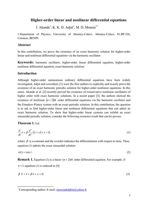 PDF Higher Order Linear And Nonlinear Differential Equations
