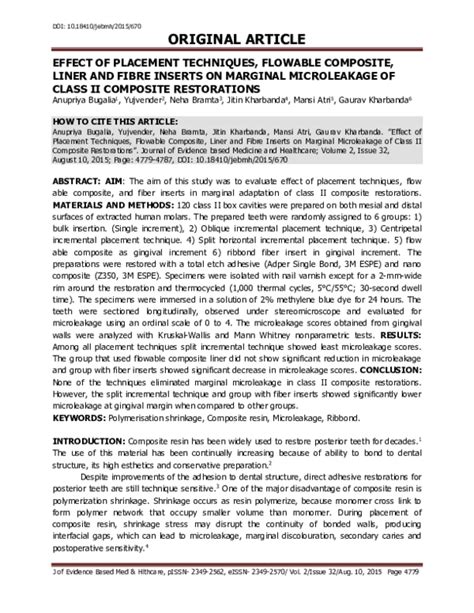 Pdf Effect Of Placement Techniques Flowable Composite Liner And Fibre Inserts On Marginal