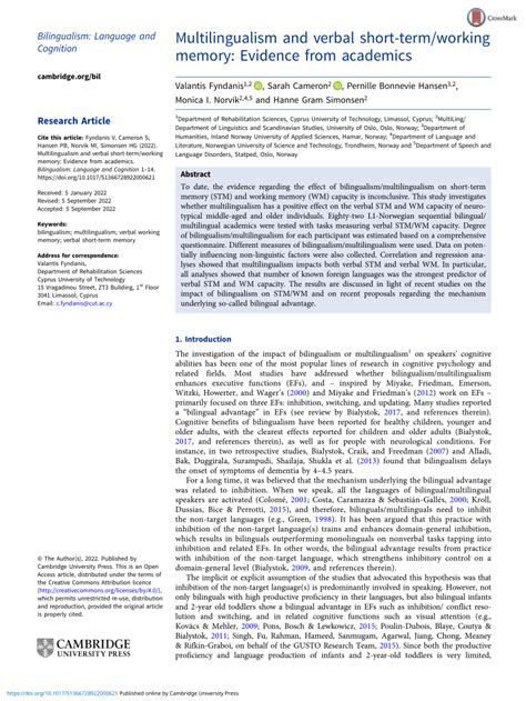 Pdf Multilingualism And Verbal Short Term Working Memory Evidence From Academics