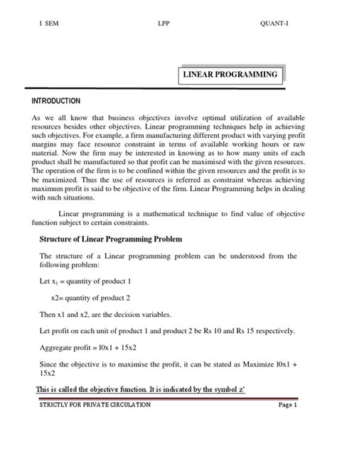 Linear Programming I Sem Lpp Quant I Pdf Linear Programming Mathematical Optimization