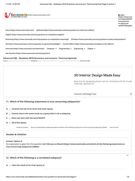 Advanced Sql Database Mcq Questions And Answers Technical Aptitude Page 2 Section 1 Pdf