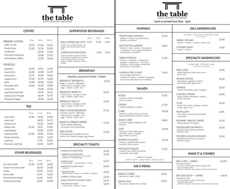 The Table Cafe Menu Luling La Checkle