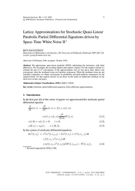 Pdf Lattice Approximations For Stochastic Quasi Linear Parabolic Partial Differential