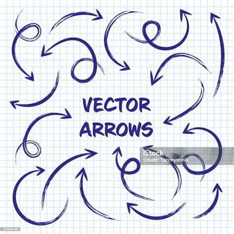 체크 무늬 종이 시트에 그런지 손으로 그린 화살표 그림을 그리기 위한 학교 공책 낙서 화살표 아이콘 간단한 단색 포인터 실루엣