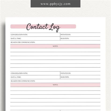 Contact Log Printable Template Track Calls Meetings Follow Ups