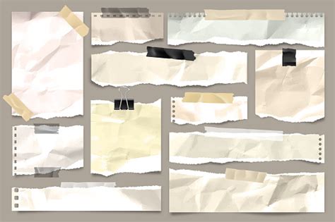 찢어진 색의 구겨진 종이 스트립 컬렉션 찢어진 가장자리와 접착제 테이프로 사실적인 종이 스크랩 스티커 노트 노트북 페이지의 조각