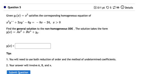 Solved Question 5 Given Y₁ X X² Satisfies The