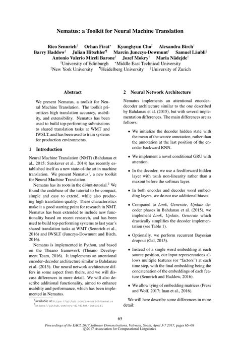 PDF Nematus A Toolkit For Neural Machine Translation