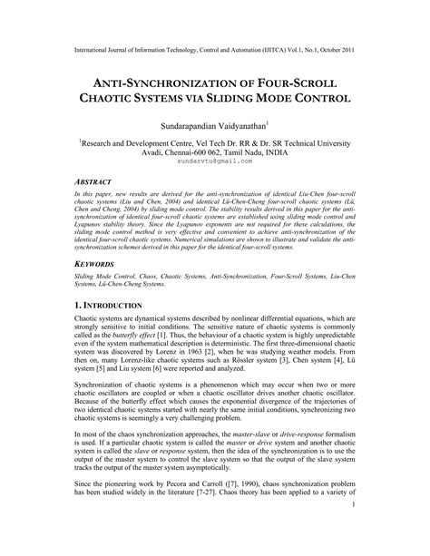 Anti Synchronization Of Four Scroll Chaotic Systems Via Sliding Mode Control Pdf Physics