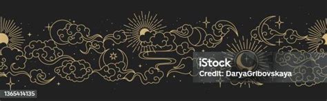 달 구름 별 태양과 매직 원활한 벡터 테두리 중국 금 장식 장식 점성술 난해 타로 신비와 마법을위한 그래픽 패턴 손에 대한 스톡 벡터 아트 및 기타 이미지 Istock