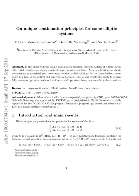 Pdf On Unique Continuation Principles For Some Elliptic Systems