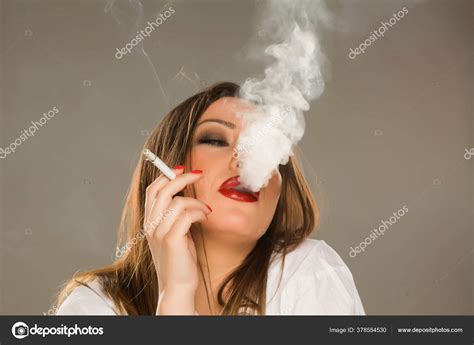 Portrait Beautiful Woman Makeup Long Hair Smoking Cigarette Gray