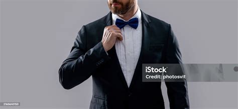공식적인 턱시도를 입은 남자가 회색 배경에 고립되어 있습니다 스튜디오에서 공식적인 턱시도 남자 나비 넥타이에 대한 스톡 사진 및 기타 이미지 Istock