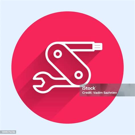 긴 그림자로 고립된 화이트 라인 스위스 군용 칼 아이콘 다목적 펜나이프 다기능 도구 빨간색 원 버튼입니다 벡터 가위에 대한 스톡 벡터 아트 및 기타 이미지 Istock