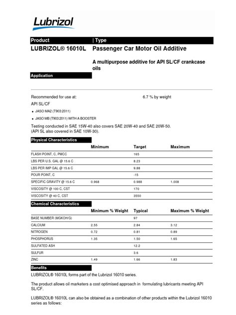 Lubrizol 16010l Api Sl Cf Tds Pdf Motor Oil Materials