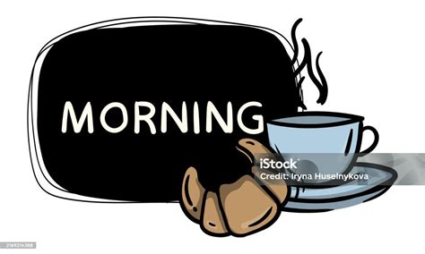 커피 크로와상 아침이라는 단어가 새겨진 심플한 검은색 손으로 그린 라벨 가격표 라벨 스티커에 대 한 벡터 템플릿 카페 레스토랑을 위한 메뉴 디자인 가격표에 대한 스톡 벡터