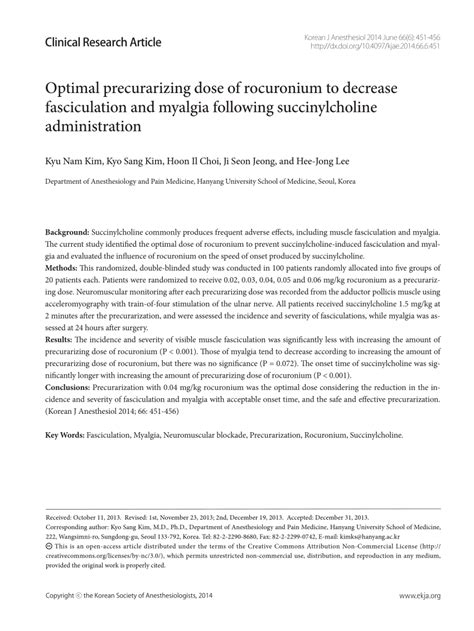 Pdf Optimal Precurarizing Dose Of Rocuronium To Decrease Fasciculation And Myalgia Following