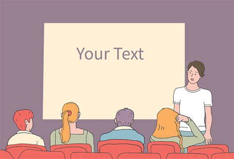 의자에 앉아 손으로 그린 스타일로 프리젠 테이션을보는 사람들의 벡터 그림 스피커 와 청취자 사람이 프로젝터 근처에서 무언가를 말하고 있습니다 강사가 청중에게 말합니다 가정의