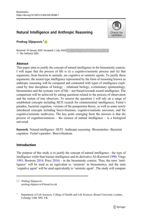 Pdf Natural Intelligence And Anthropic Reasoning