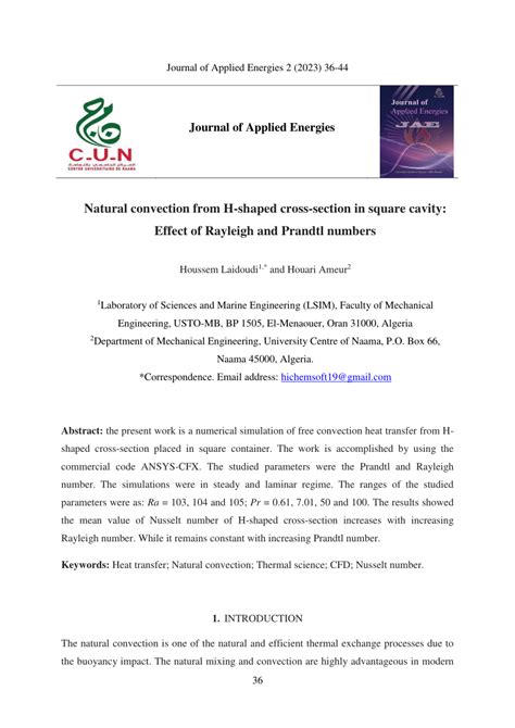 Pdf Natural Convection From H Shaped Cross Section In Square Cavity Effect Of Rayleigh And
