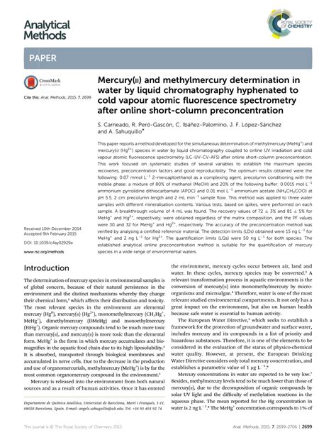 Pdf Mercuryii And Methylmercury Determination In Water By Liquid Chromatography Hyphenated