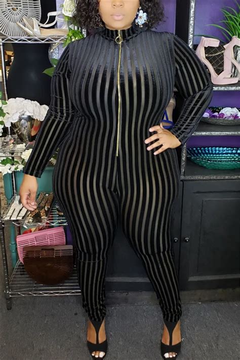 Fashion Sexy Mesh Striped Black Long Sleeve Jumpsuit