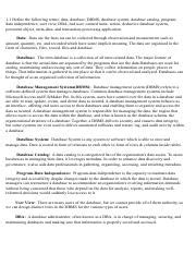 DatabaseDesignHW1sample Pdf 1 1 Define The Following Terms Data Database DBMS Database System