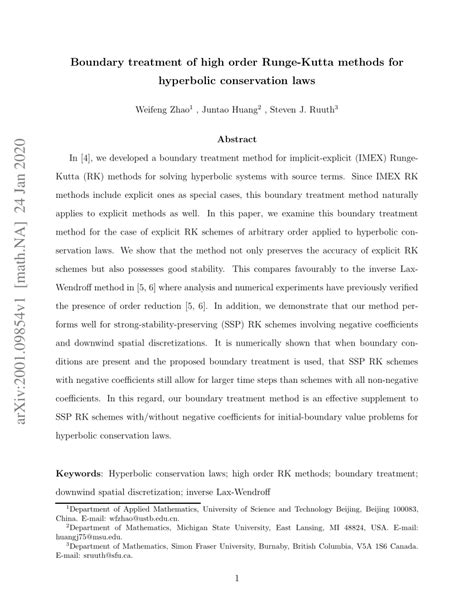 Pdf Boundary Treatment Of High Order Runge Kutta Methods For Hyperbolic Conservation Laws