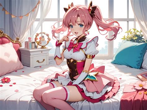 Anime Girl With Pink Hair And Pink Stockings Sitting On A Bed Seaart Ai