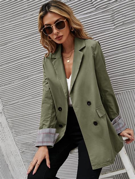 Shein Essnce Contrast Plaid Double Breasted Blazer Shein Usa