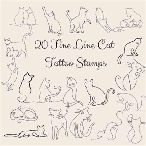 Minimalist Cat Tattoo Stamps Fine Line Cat Svg And Png Bundle Digital