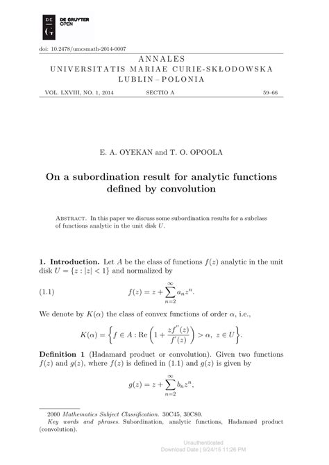 Pdf On A Subordination Result For Analytic Functions Defined By