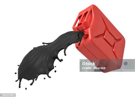 흰색 배경에 고립 된 검은 기름을 쏟아 부을 수있는 빨간색 가솔린의 3d 렌더링 3차원 형태에 대한 스톡 사진 및 기타 이미지