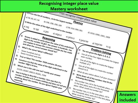 recognising integer place value mastery worksheet year 7 white rose