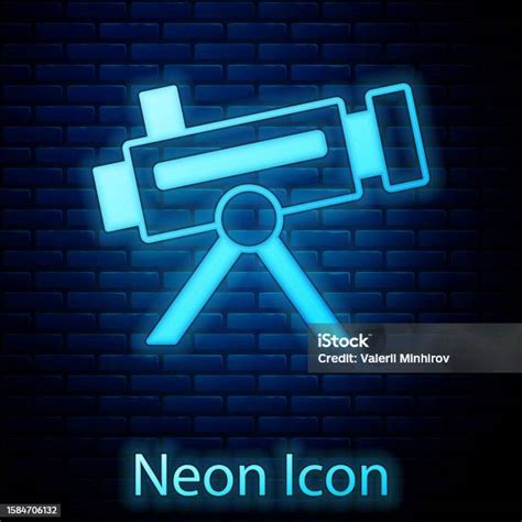 벽돌 벽 배경에 고립 된 빛나는 네온 망원경 아이콘 과학 도구 교육 및 천문학 요소 스파이 글래스 및 연구 별 벡터 Planetarium Building에 대한 스톡