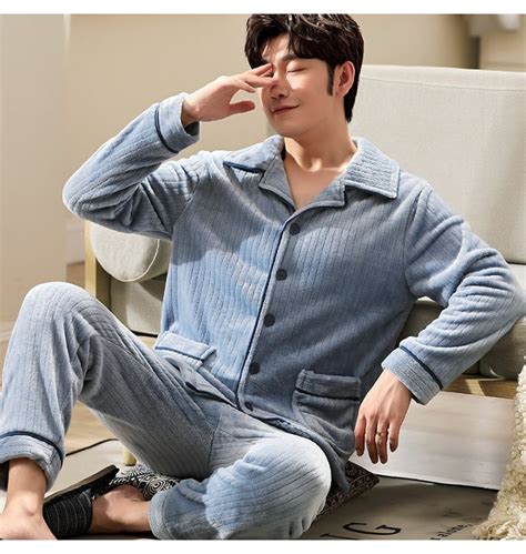 남자 고급 겨울 플란넬 빅사이즈 파자마 수면 바지 잠옷 세트 티몬