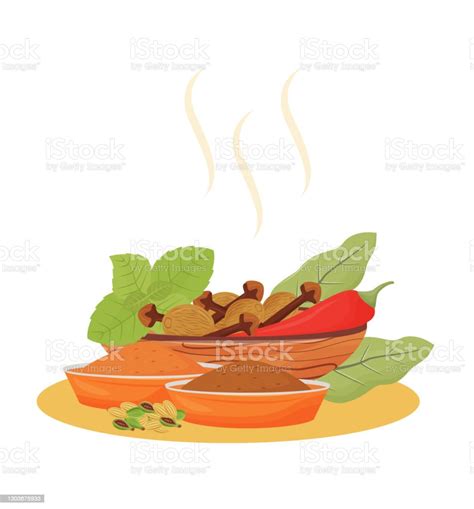 인도 음료 조미료 만화 벡터 일러스트레이션 나무 그릇에 차 첨가제 플랫 컬러 개체 흰색 배경에 고립 된 전통적인 음료 향료와 향기로운 성분 가루로 빻은에 대한 스톡 벡터