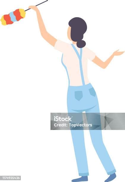 여성 전문 청소기 와 더스터 보기 부터 뒤에서 청소 회사 직원 캐릭터 옷을 입고 유니폼 과 장비 플랫 벡터 일러스트 독일에 대한 스톡 벡터 아트 및 기타 이미지 Istock