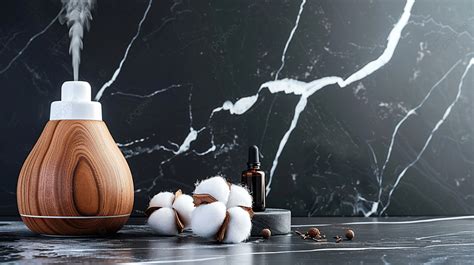 Aroma Diffuser With Cotton Aromatherapy On A Dark Marble Background