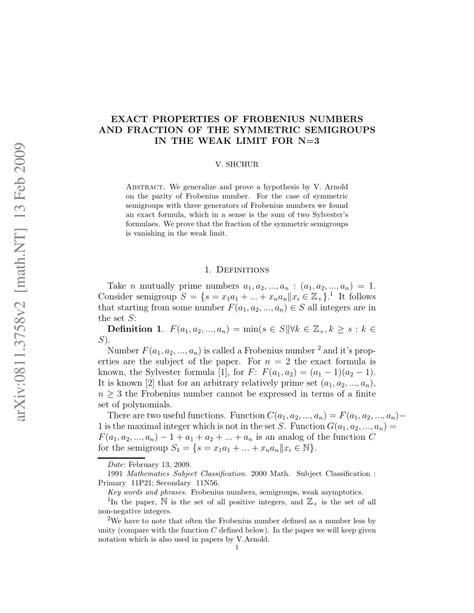 Pdf Some Properties Of Frobenius Numbers And A Fraction Of Symmetric Semigroups In The Weak