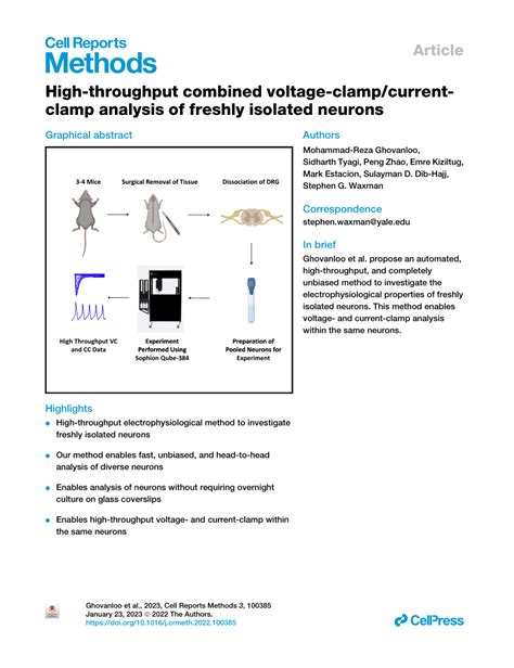 Pdf High Throughput Combined Voltage Clamp Current Clamp Analysis Of Freshly Isolated Neurons