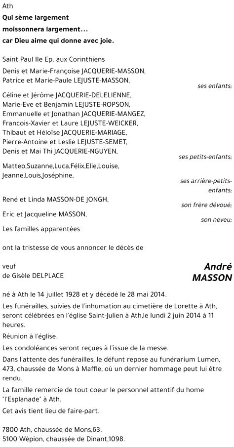 Avis De Décès De André Masson Décédé Le 28052014 à Ath Annonce