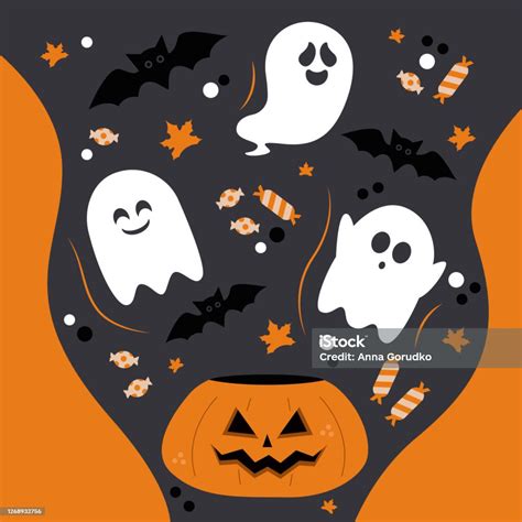 할로윈 장식으로 일러스트레이션 호박 유령 보름달 어두운 밤과 검은 박쥐의 포스터 할로윈 사탕 10월에 대한 스톡 벡터 아트 및 기타 이미지 Istock